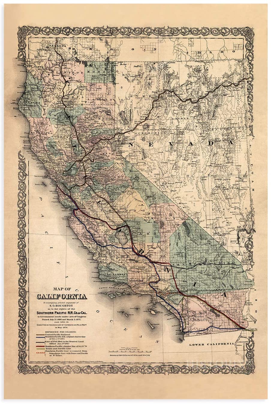 1876 Map of California - Vintage State of California USA Wall Art ...