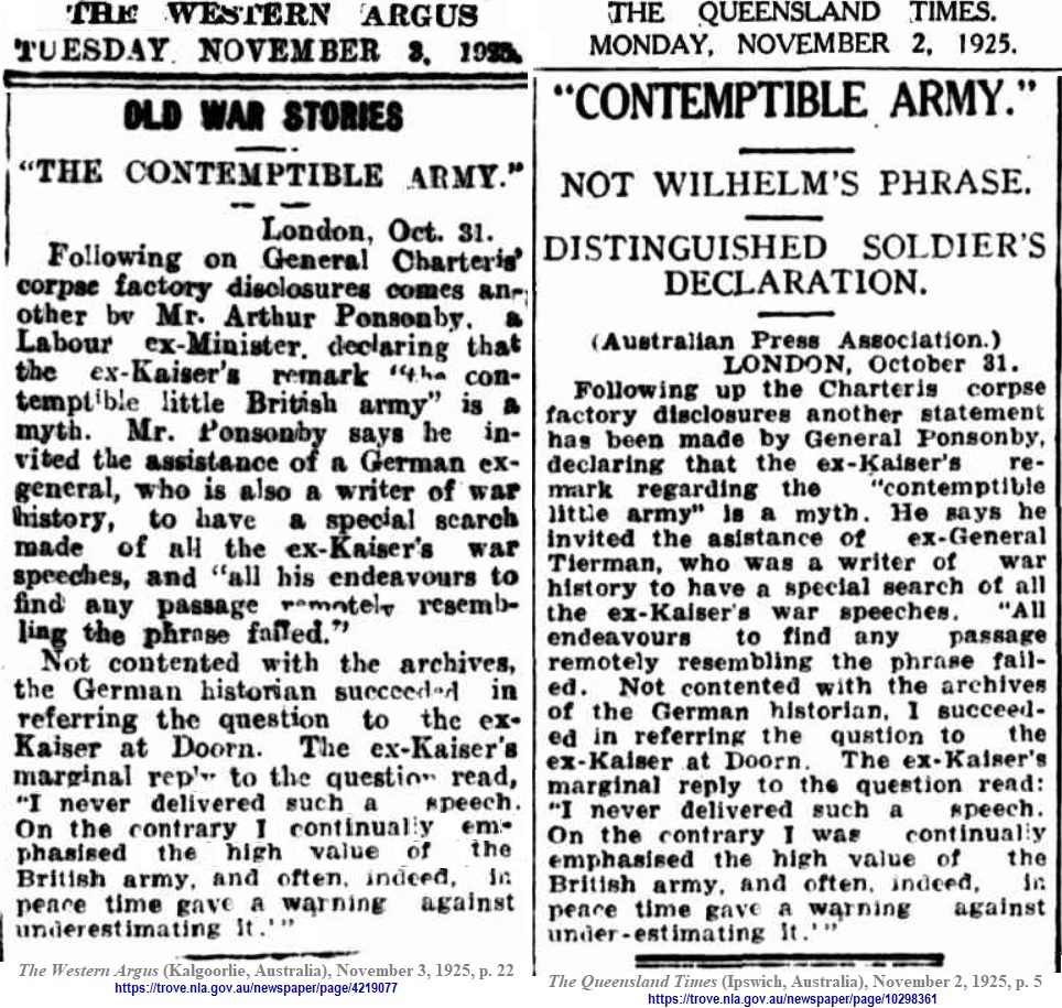 WW1 Australian newspapers November 1925 Contemptible Little Army ex ...