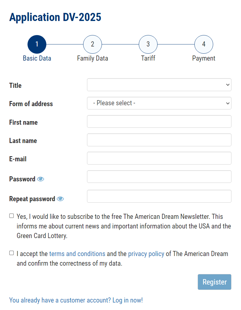 USA DV Lottery Online Application Form DV-2025 - www.dvlottery.com/register