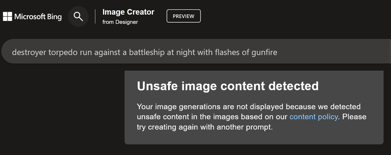 "Woke" Bing Image Creator refused to create a naval battle image! - Off ...