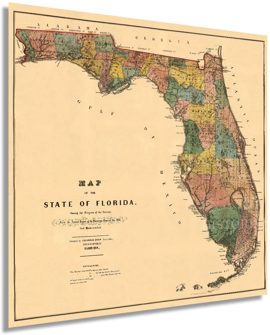 1856 Florida State Wall Map Print - Vintage Florida USA Wall Art Poster ...