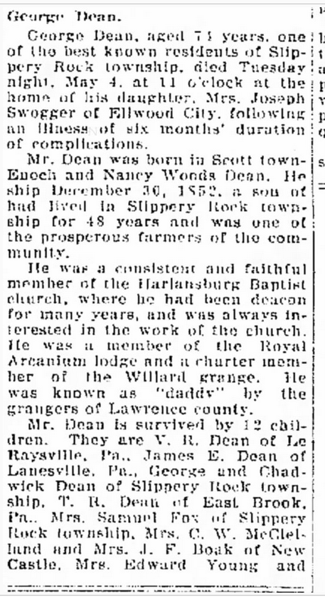 Obituary for George Dean New Castle News May 5 1926 part 1 — Postimages