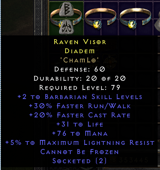 ~~ Ft: 2barb 30frw 20fcr 31life 76mana 2os Circ ~~ - Topic - d2jsp