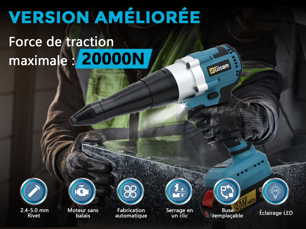 20000N Riveteuse électrique sans fil, 2 batteries de 2.0 Ah,pour rivets ...