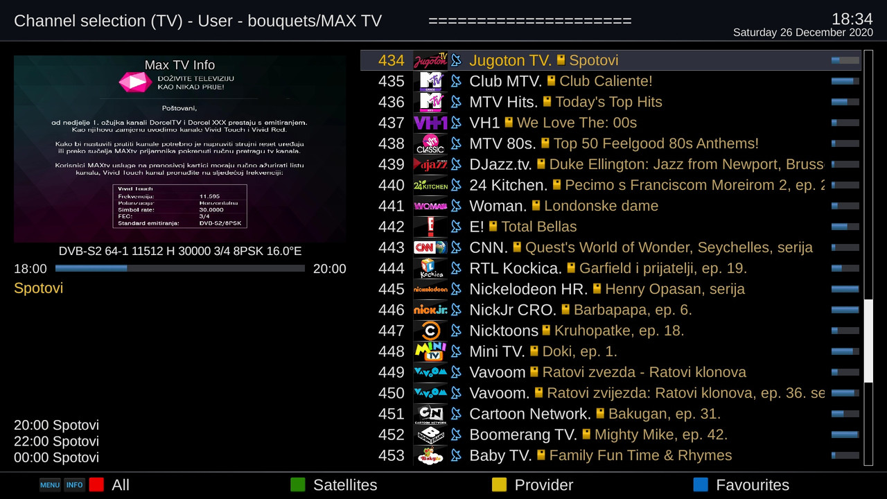 MAX TV Satelitska - popis kanala