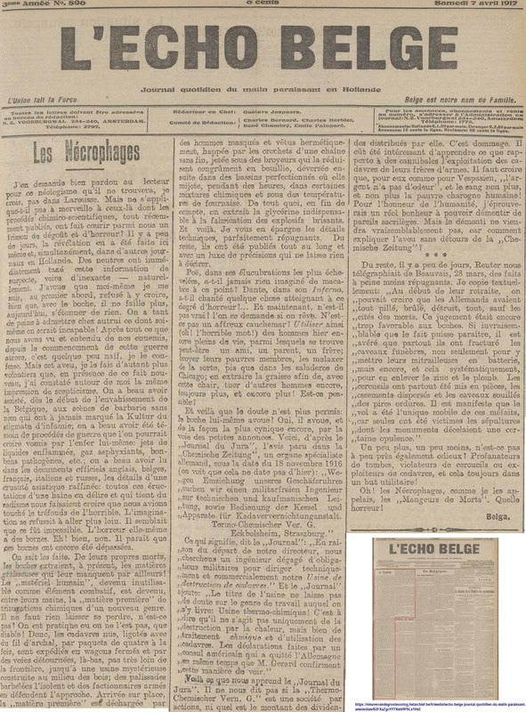 WW1 L' Echo Belge April 1917 Corpse Factory Story Les Nécrophages usine ...