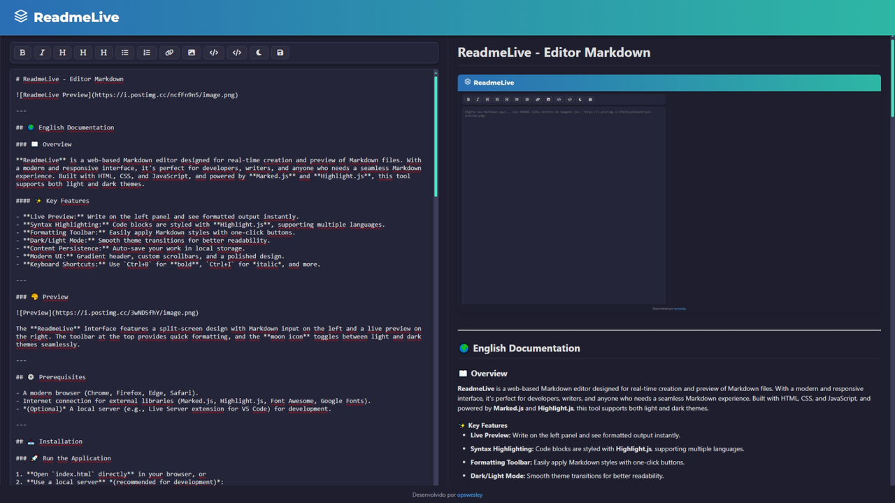 GitHub - opswesley/ReadmeLive: A modern web-based Markdown editor with real-time preview, syntax ...