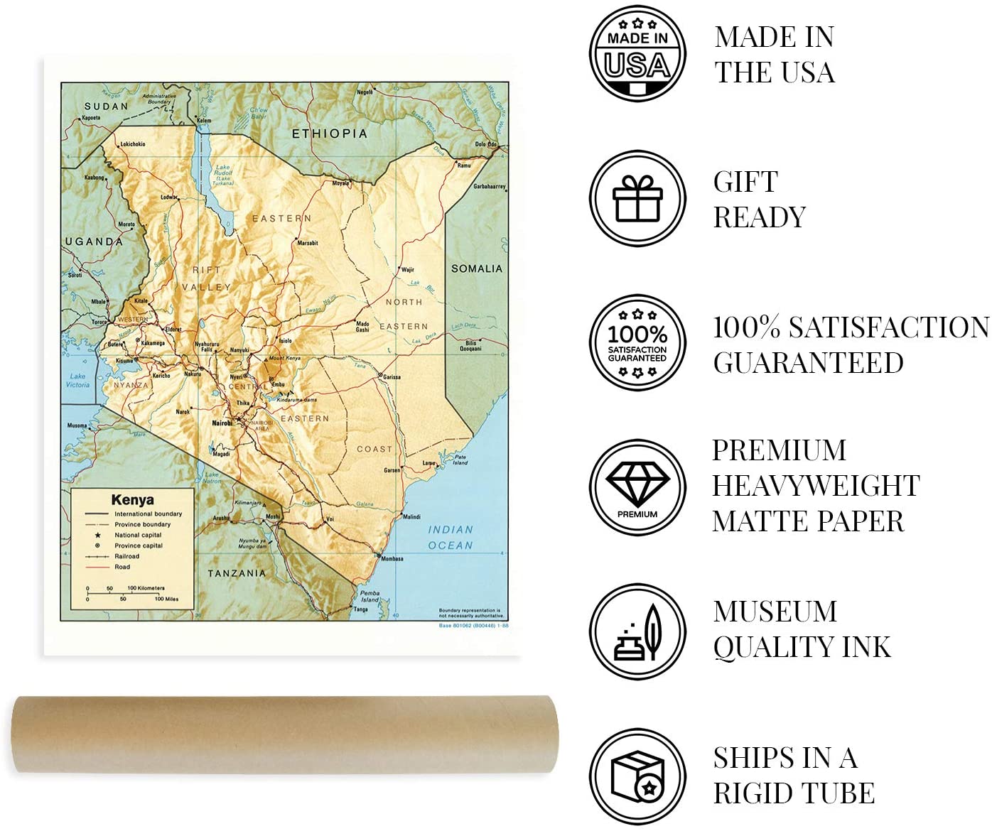 1988 Kenya Map Poster - Vintage Map of the Country of Kenya Wall Art ...