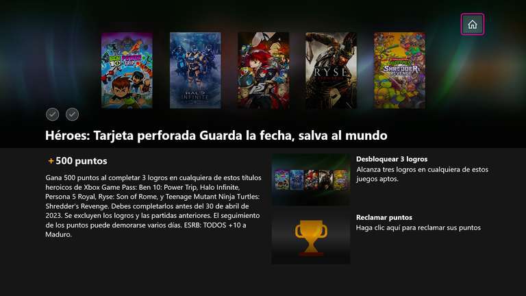 Xbox Rewards 500 puntos por desbloquear 3 logros