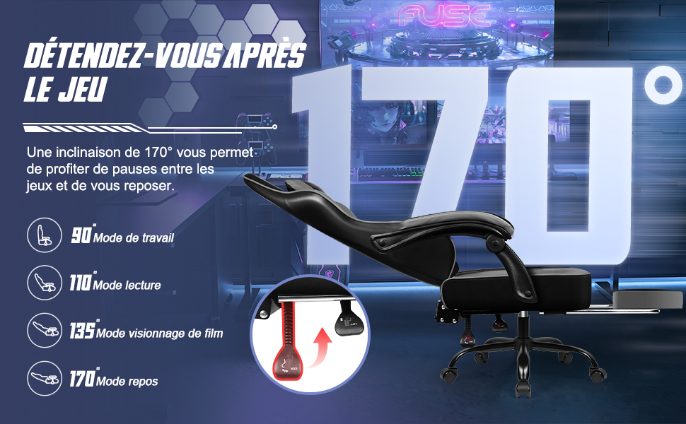 Fauteuil Gaming Ergonomique avec Repose-Pieds, Fauteuil Gamer Réglable ...
