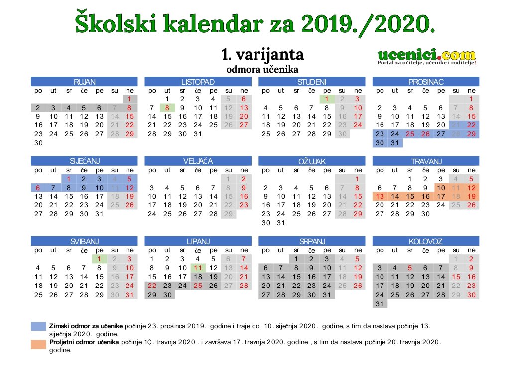 KALENDAR ŠKOLSKE GODINE 2019./2020.