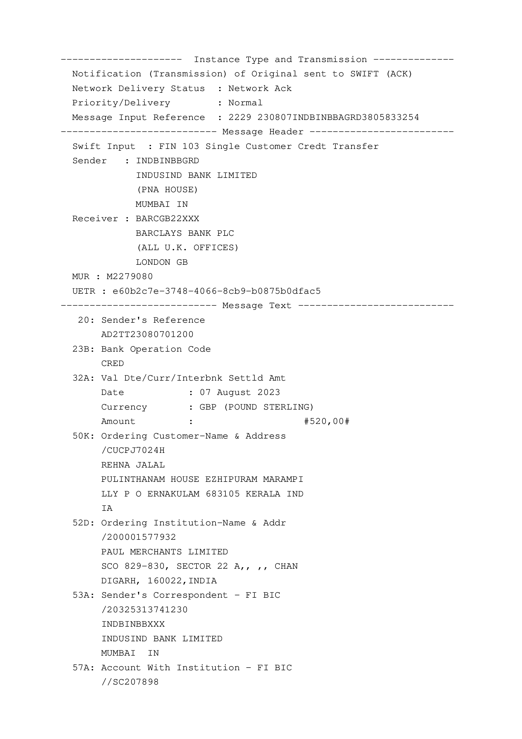 REHNA JALAL BPP UNIVERSITY LIMITED GBP 520 Payment receipt — Postimages