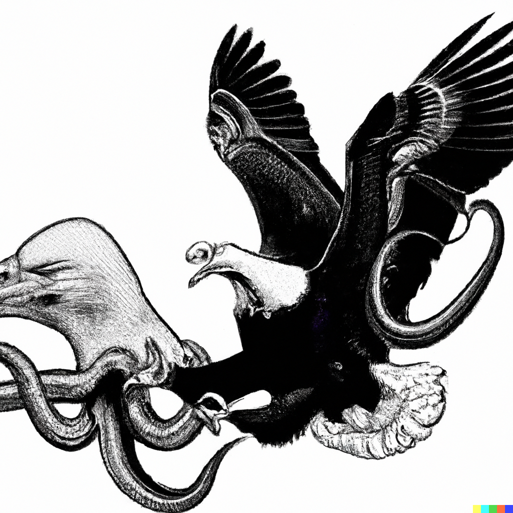 DALL· E 2022 08 01 16 38 19 A bald eagle battling an octopus in the style of 1950's film ...