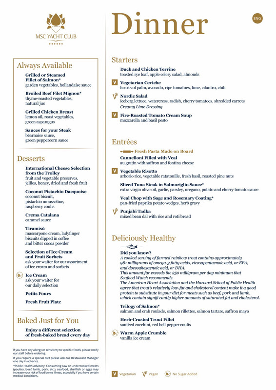 Yacht Club DINNER Menus - Page 3 - MSC Cruises - Cruise Critic Community