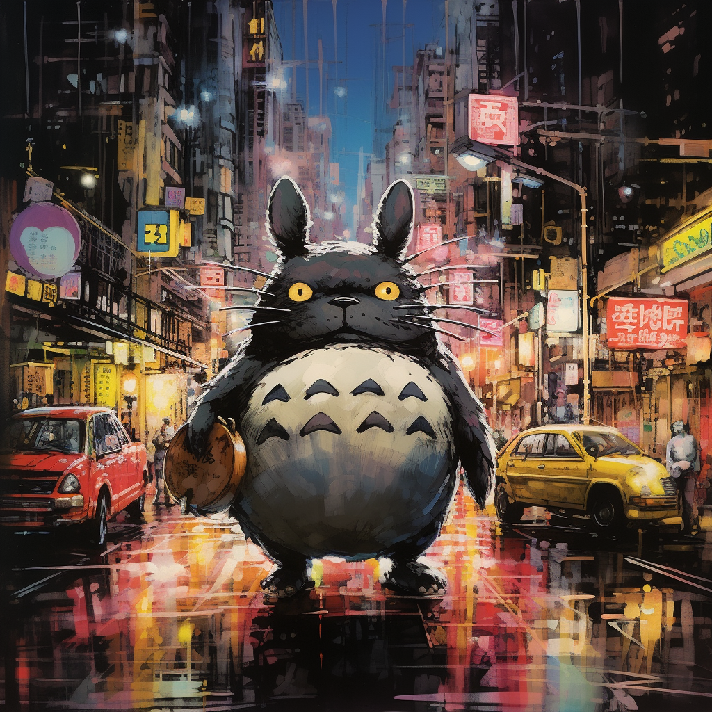 giobbito Totoro running in a neon cyberpunk city by Yoji Shinka ...