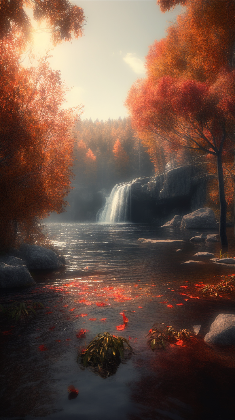 cg Depict a waterfall blooming in a brightly coloured autumn la ...