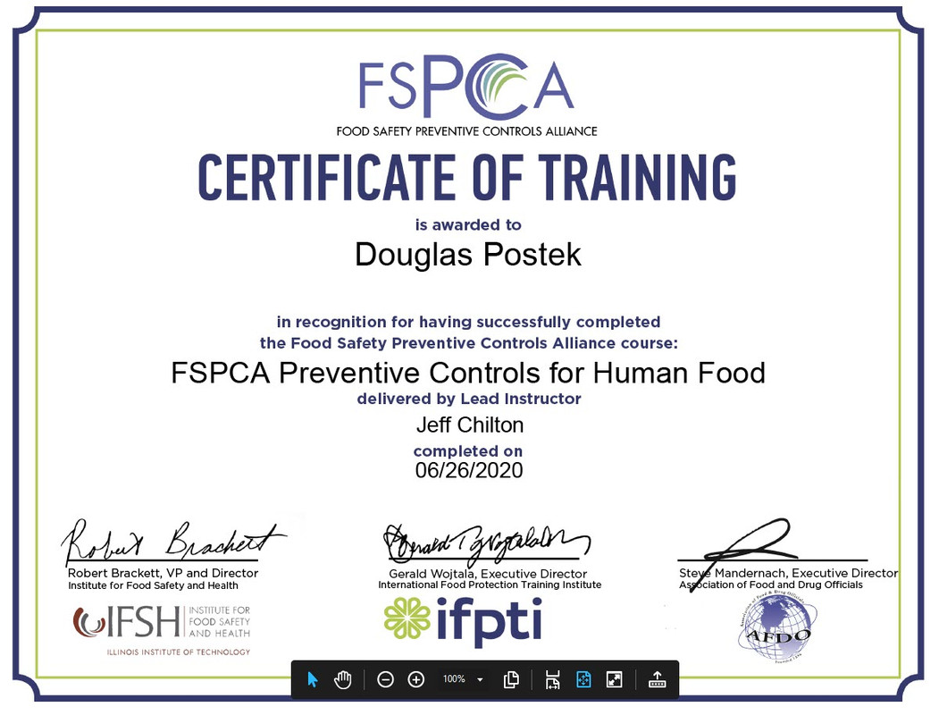 FSPCA Certificate of Training Human Food 2020 Postek — Postimages
