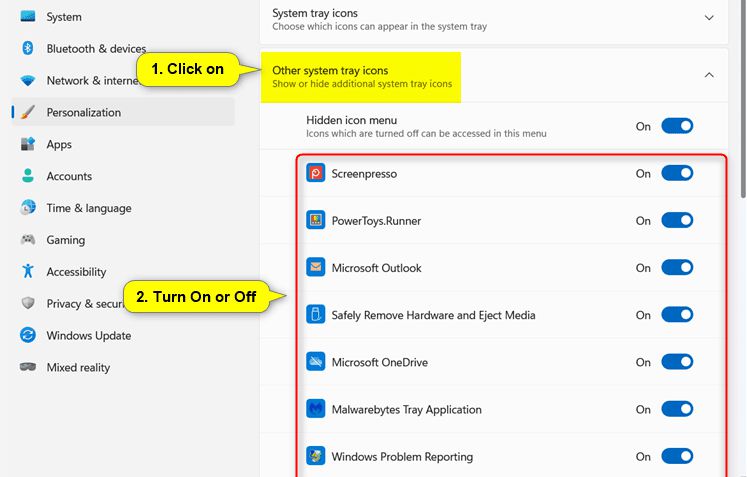 Hide / Show System Tray Icons in Taskbar Corner