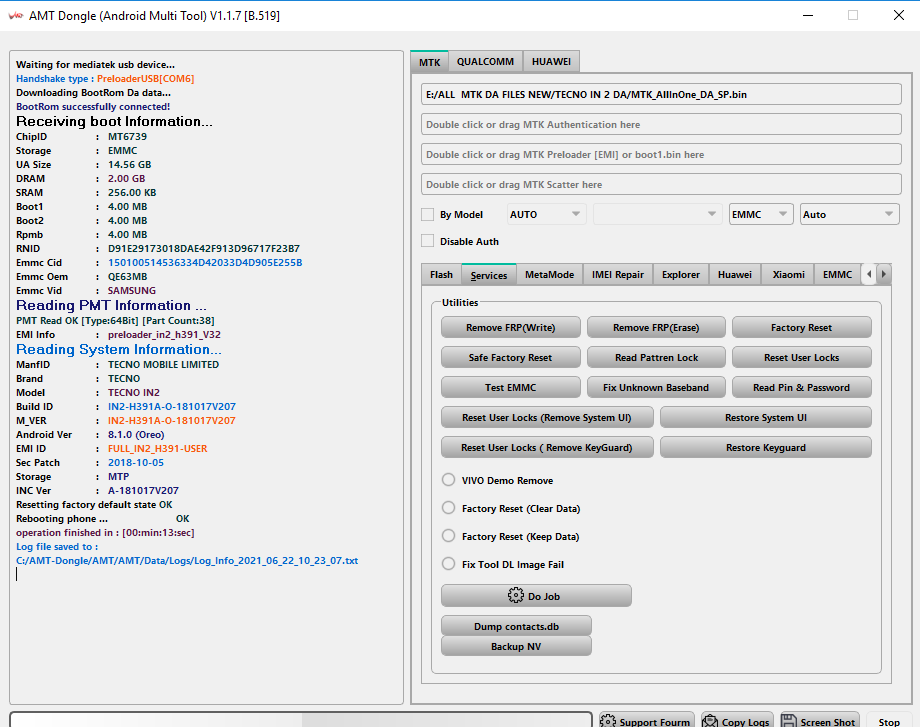 Tecno in2 pattern and frp removed success by amt dongle 1.1.7 - GSM-Forum