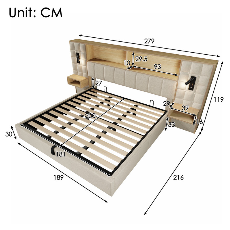 Lit double 180x200, avec rangement, éclairage led et 2 lampes, tables ...