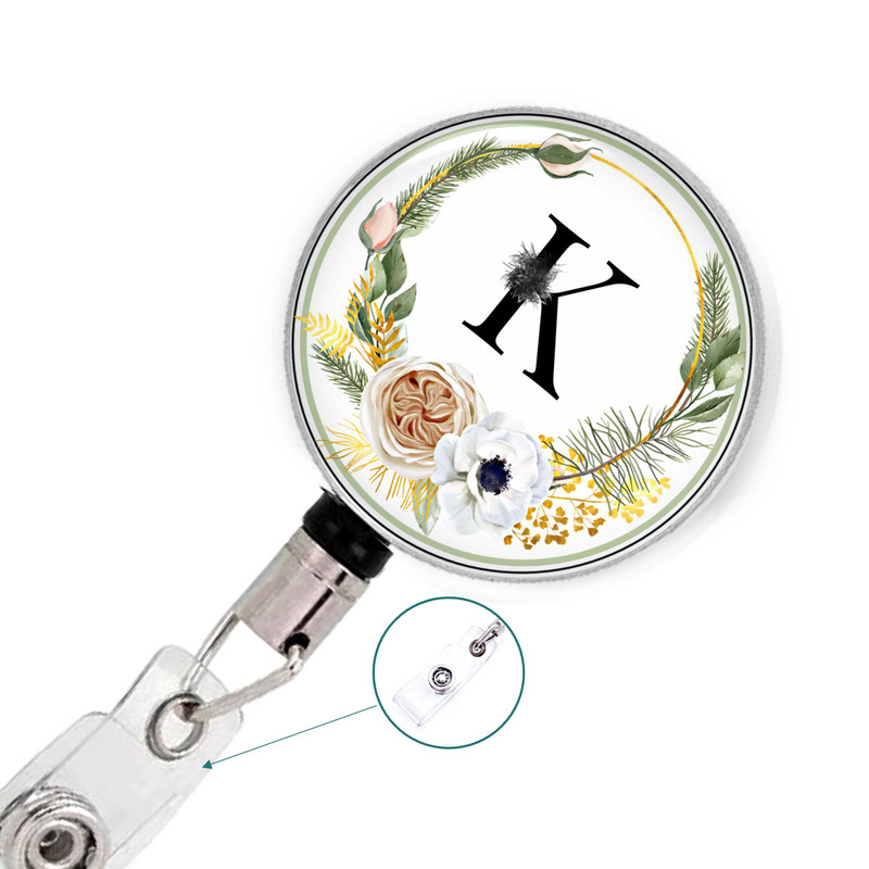 Floral Wreath retractable name tag holder, monogram medical badge reel