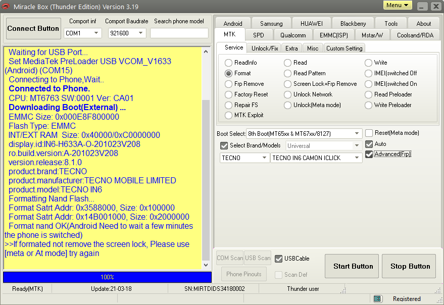 Tecno IN6 Lock & Frp Reset Success In Boot Mode With Miracle Thunder ...