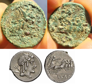 Denario forrado gens Julia. Victoria en cuadriga a dcha. Roma.