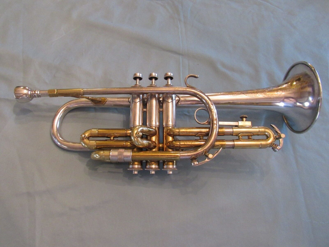 F A Reynolds 1942 Professional Cornet w Sterling Silver Bell Gold trim ...
