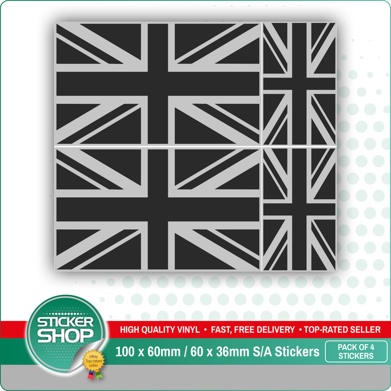 4 x Union Jack Flag Sticker - Metallic Silver & Black Great Britain ...