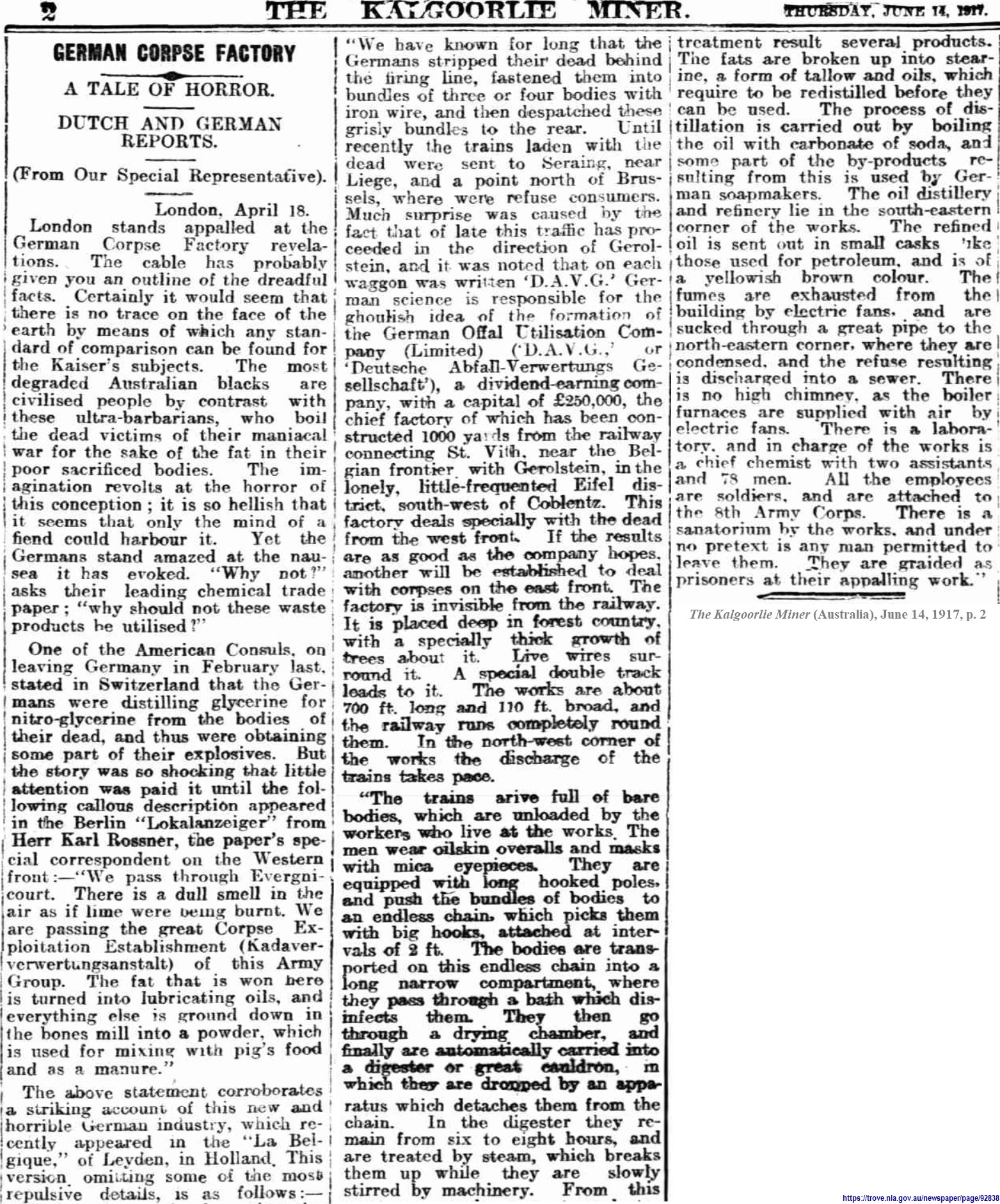 WW1 The Kalgoorlie Miner June 1917 Corpse Factory Story Tale of Horror ...