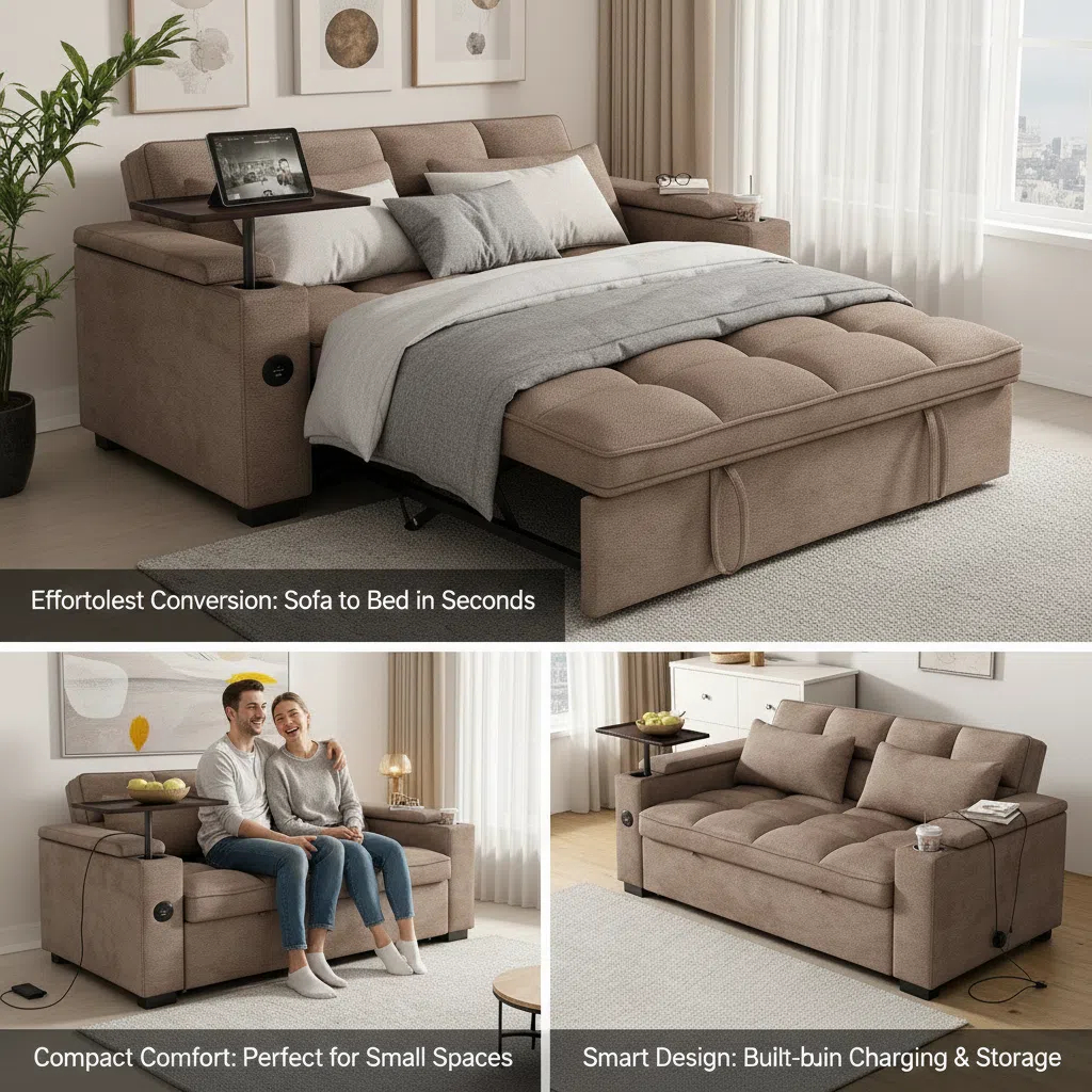 65" 3-in-1 Folding Convertible Sofa Bed with 90째 Swivel Side Table ...