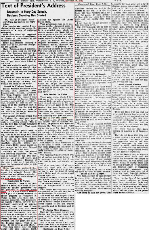 WW2 The Evening Star October 1941 Roosevelt s Secret Map Speech Text of ...