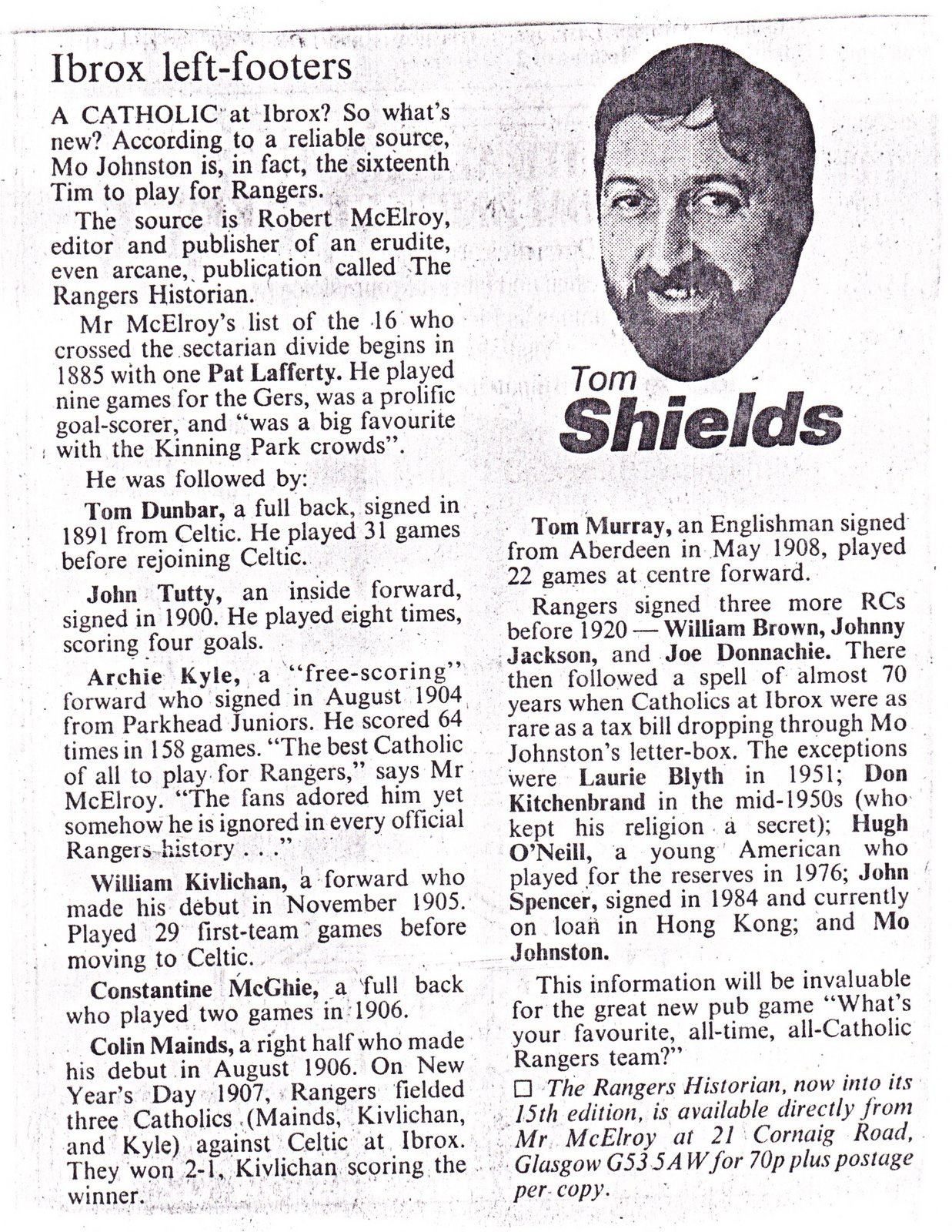 Maurice Johnstone 1989 Rangers Catholic Players Tom Shields — Postimages