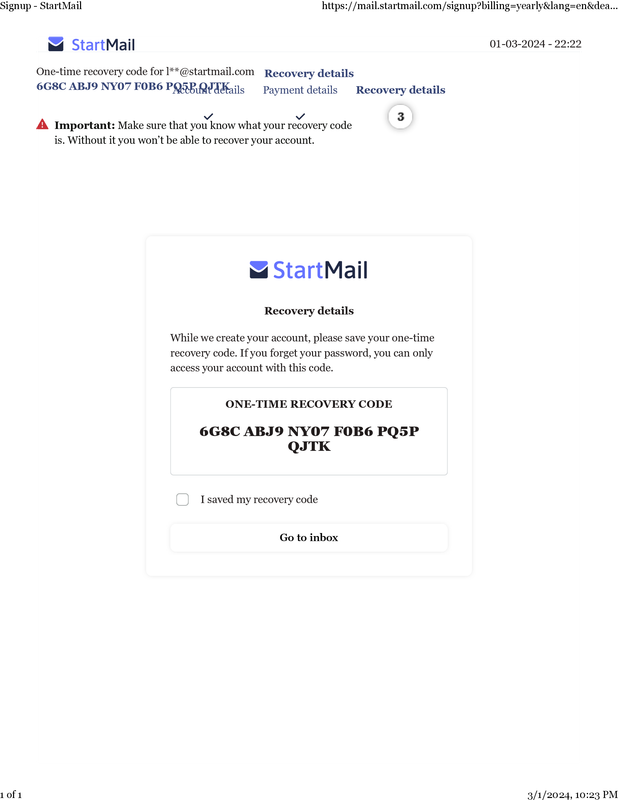 start mail recovery code — Postimages