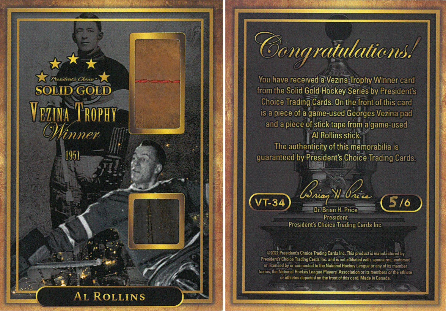 President's Choice Solid Gold Vezina Trophy Winner Al Rollins VT 34 5 ...