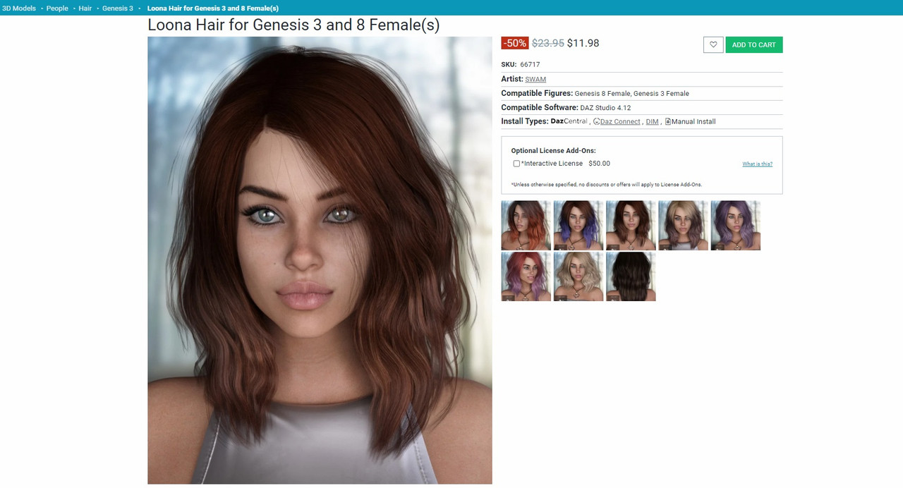 (FILLED) Loona Hair For Genesis 3 And 8 Female(s) - Free Daz 3D Models