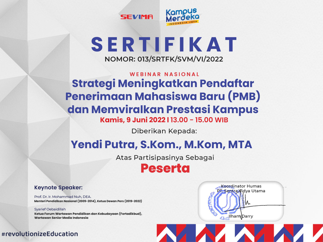 E certificate Strategi Meningkatkan Pendaftar Penerimaan Mahasiswa Baru ( PMB) dan Memviralkan ...