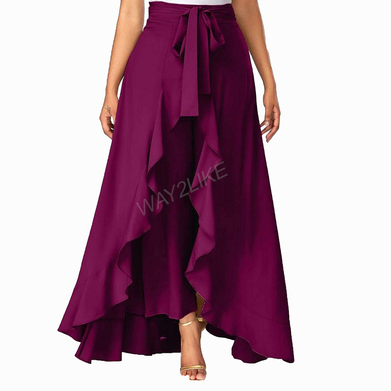 Women Ruffle Pants High Waist Maxi Crepe Palazzo Night Club Cocktail ...