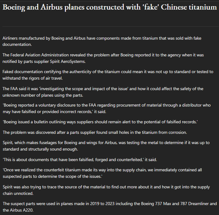 Airbus/Boeing planes used fake titanium from China