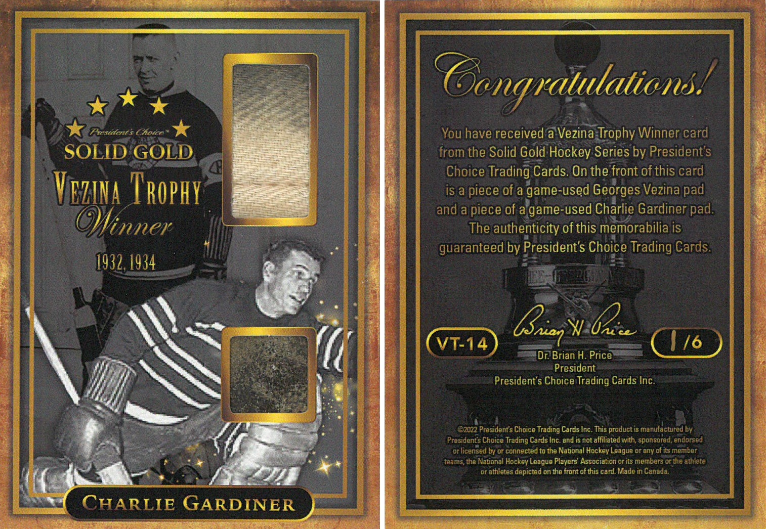 President's Choice Solid Gold Vezina Trophy Winner Charlie Gardiner VT ...