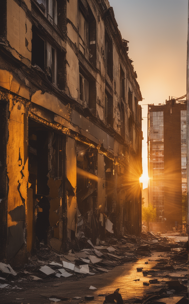 golden hour sunset crumbling buildings war aftermath broken glass effect photograph cinematic ...
