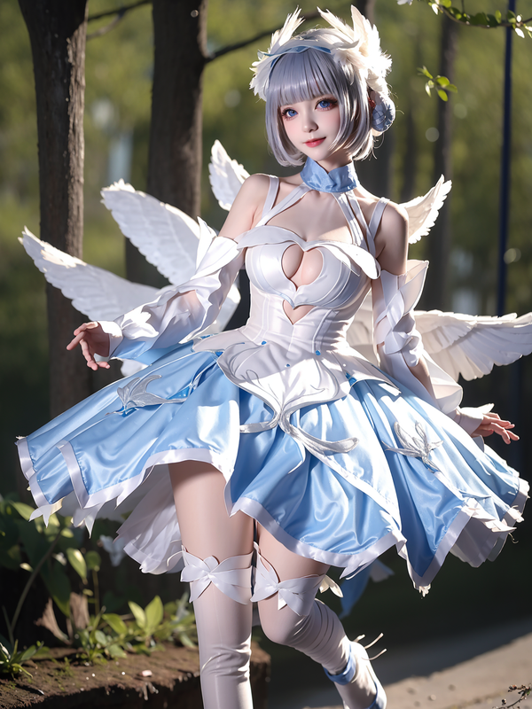 00430 432532288 1girl,dress,wings,looking at viewer,blue eyes,solo,detached sleeves,white hair ...