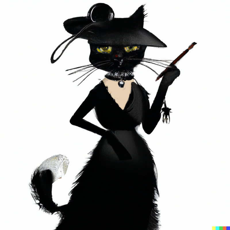 DALL· E 2022 09 14 11 38 22 A black cat as a lady wearing a black dress, a hat, long black ...