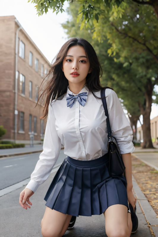 00033 3354257493 woman, beautiful face, cute, realistic, detailed, scenic view of school campus ...