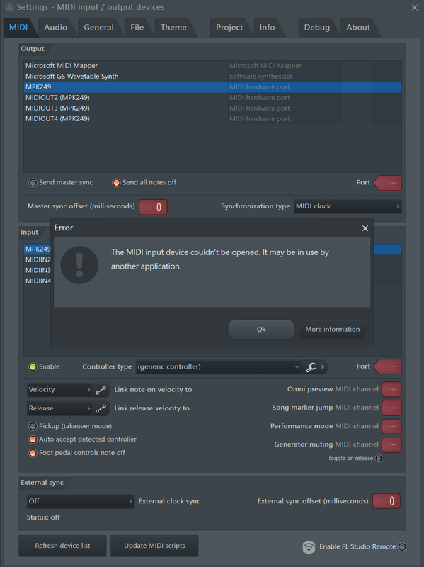 AKAI MPK249/ FL Midi keyboard issue "The MIDI input device couldn't be opened. It may be in use ...