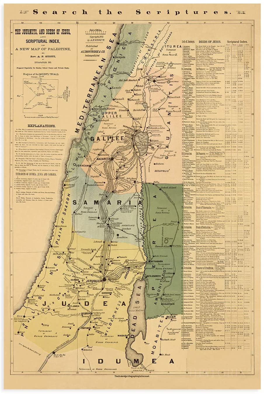 1881 The Journeys and Deeds of Jesus Map - Vintage Biblical Wall Art ...