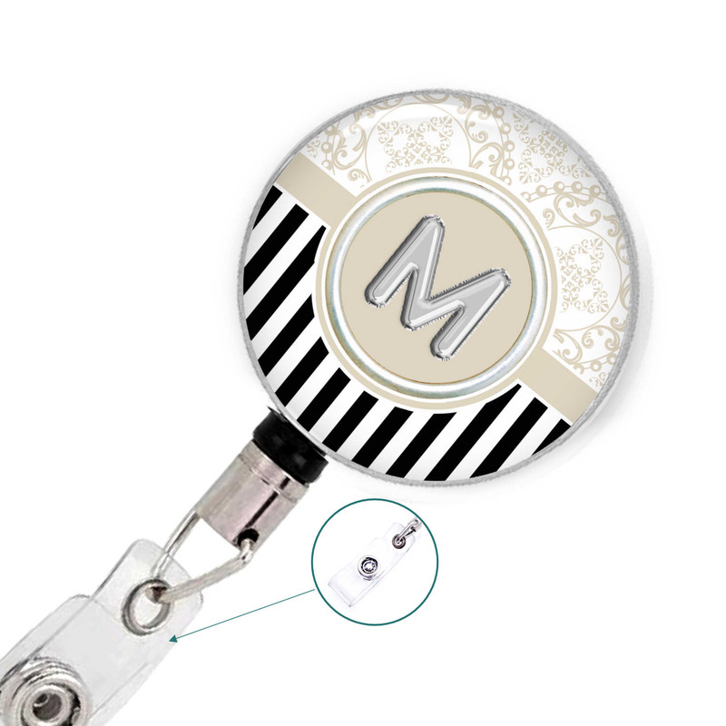 Black Stripe name tag holder, monogram letter retractable badge reel