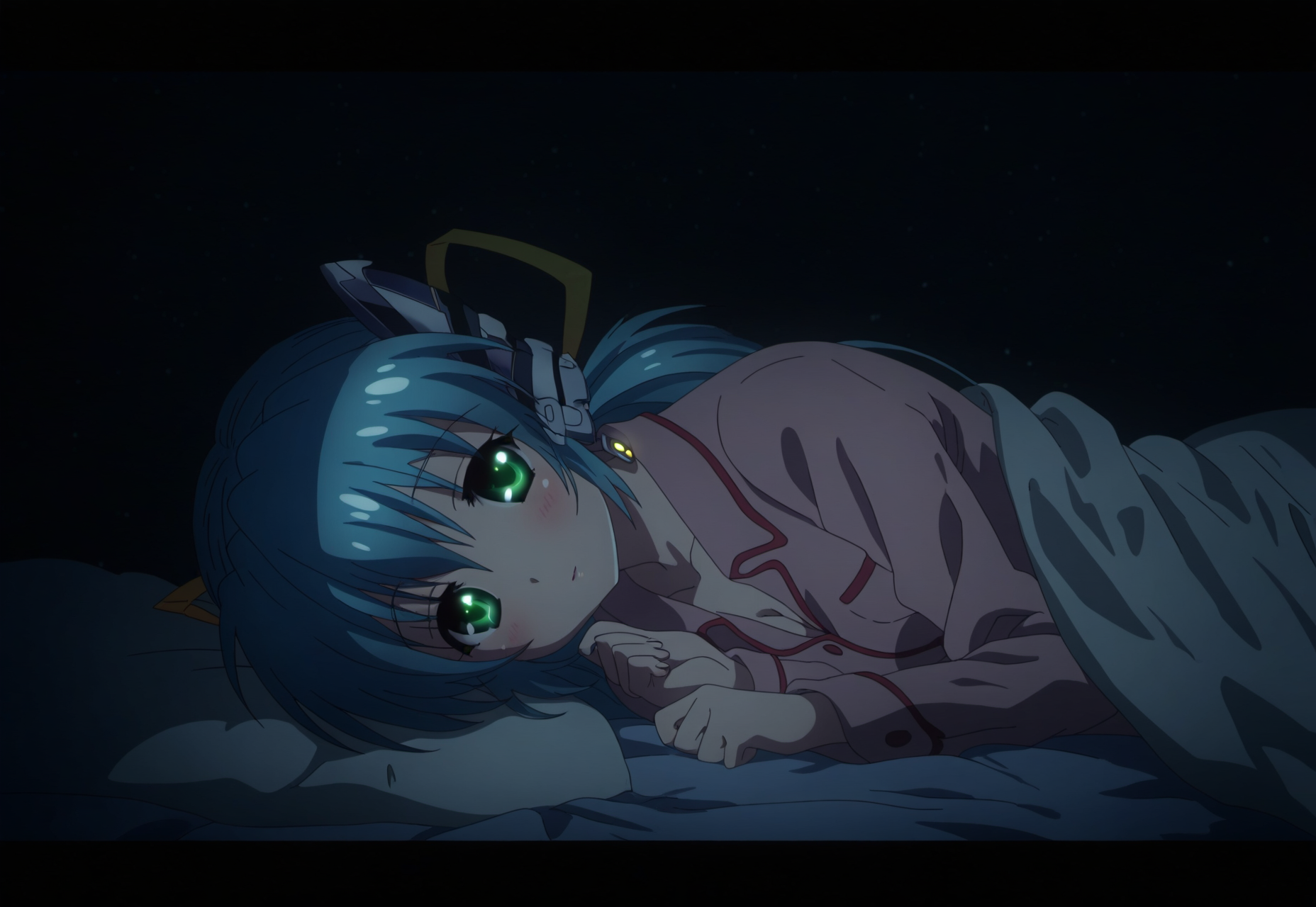 1girl, Hoshino Yumemi (planetarian), pajamas, shiny skin, glowing hair, small br s 2220164057 ...