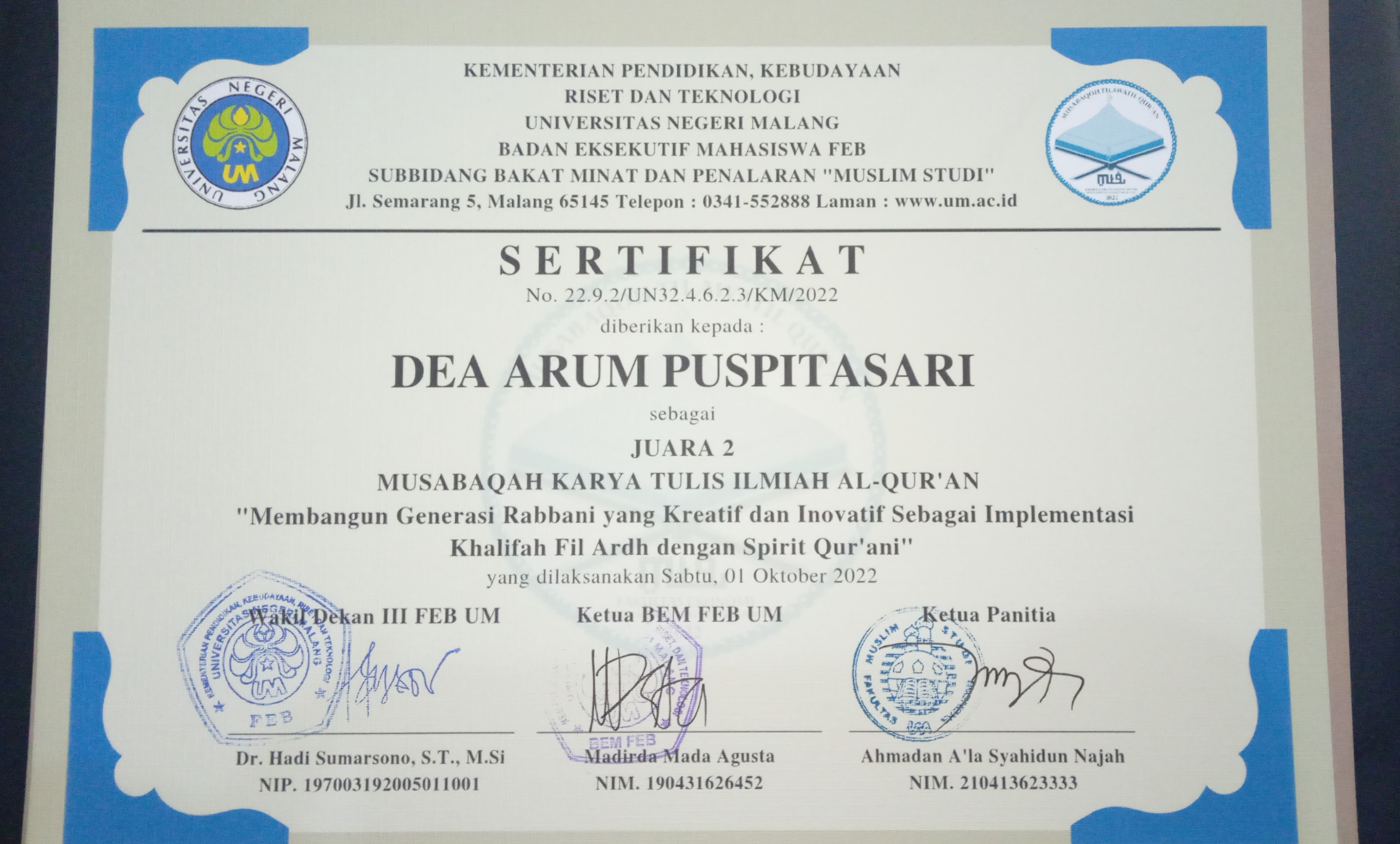 DEA ARUM PUSPITASARI sertifikat — Postimages