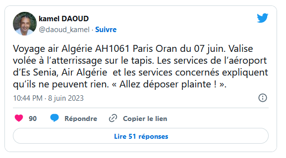 Air Algérie : l’écrivain Kamel Daoud victime d’un vol de bagage - Algerie-dz.com